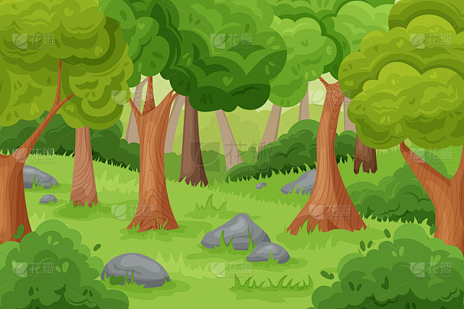 卡通森林背景。绿色的木头，老树，灌木和草地。户外的自然景观。矢量图
