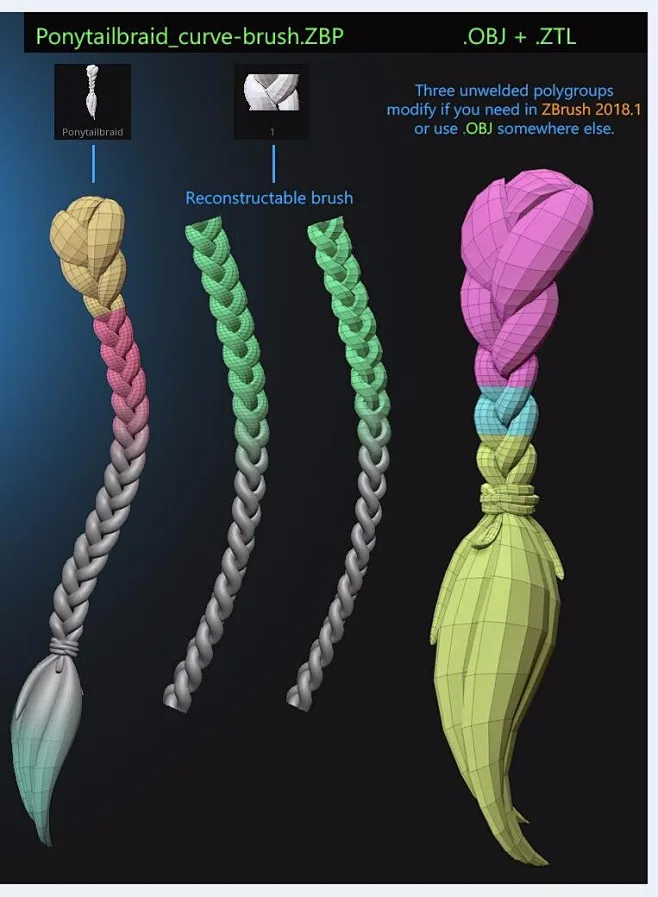 zbrush马尾辫插入笔刷 辫子笔刷-和个别笔刷-画笔资源-微元素 - Element3ds.com!-花瓣网