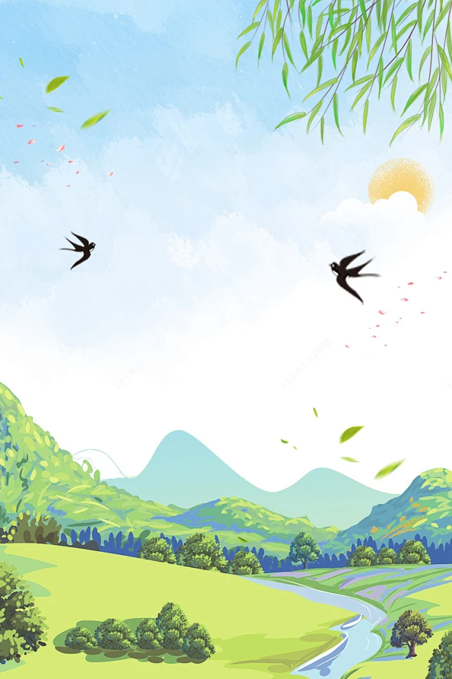 春天手绘山区场景图psd背景图_新图网 https://ixintu.com 柳条 太阳 燕子 云朵 山地 场景图-花瓣网