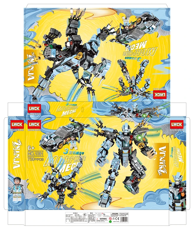 积木玩具包装-3变忍者龙机甲战车-玩具包装平铺图-国风机甲-包装设计-平面设计http://brick4.com/sai-花瓣网