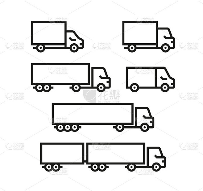 运货卡车图标。不同卡车的轮廓图标集。矢量插图与可编辑的笔画