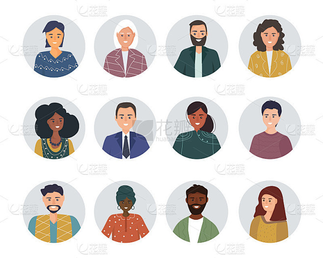 不同性别和年龄，不同民族和种族的人。在圆形图标中的肖像。平面向量