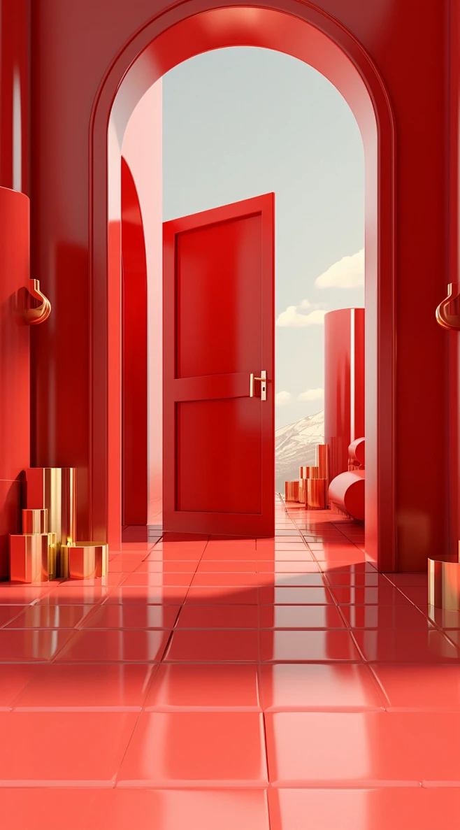 A red door with golden gifts and boxes is behind it, in the style of ...