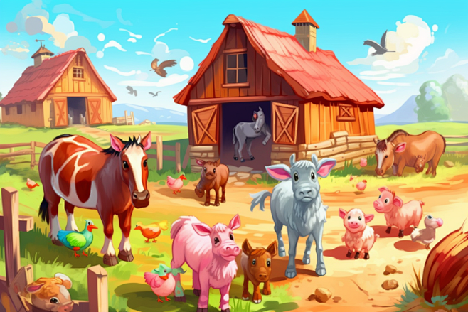 卡通自然农业风景农庄农场插画图片