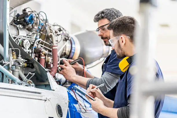 Aviation mechanics examining engine with multimeter, side view-花瓣网
