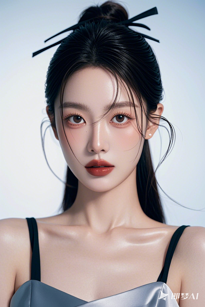 摄影人像，御姐写真，正面，肤白透亮，标准正面半身证件照，五官立体，不要碎发，正面照，头留2厘米空白，扎马尾，高级精致五官，东方面孔的美女，轮廓 ...