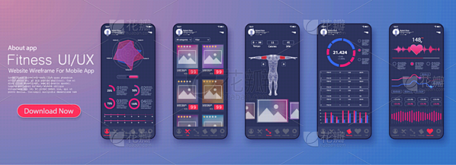 different ui ux gui screens fitness app and flat