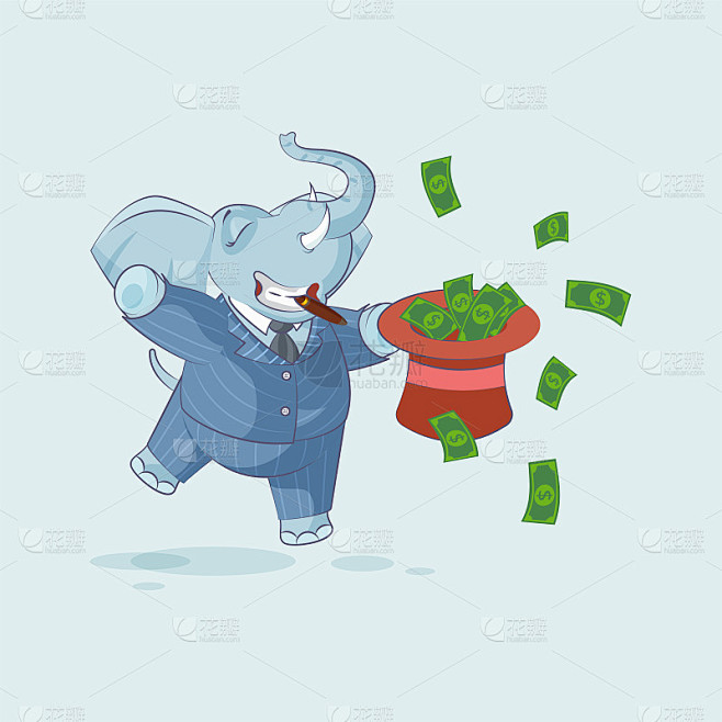 elephant jumping for joy with hat of money