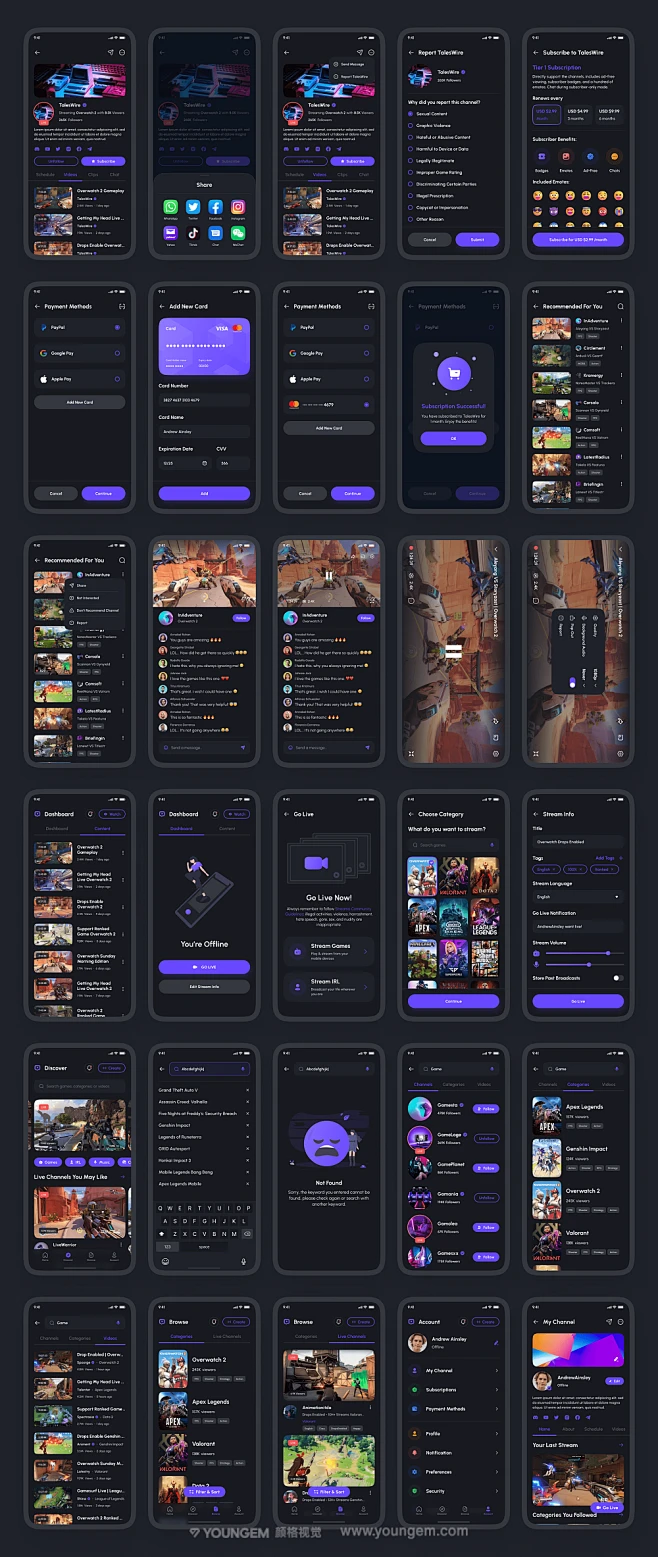 150屏电竞游戏直播平台应用app设计用户界面ui套件明暗主题模板下载_颜格视觉-花瓣网