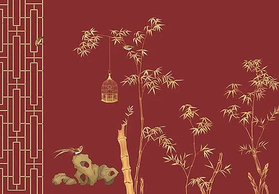 JDHN-047-红色华琴壁画 电视背景 床头背景 客厅背景 卧室 别墅 酒店 平铺图 贴图 等等 高清手绘 花鸟 工笔 壁画 软硬包 竹木 ...