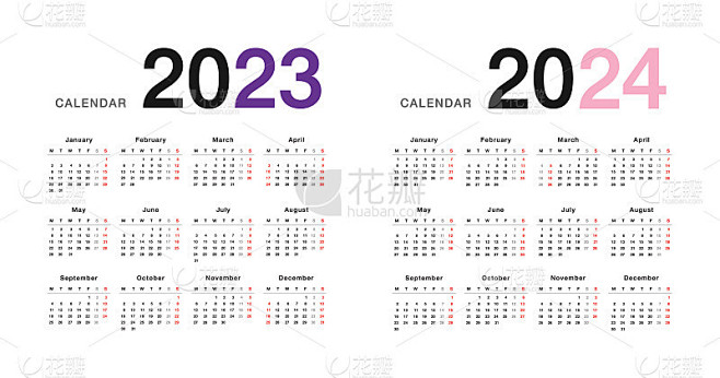 多彩的2023年和2024年日历水平矢量设计模板，简洁干净的设计。2023年和2024年组织和业务的