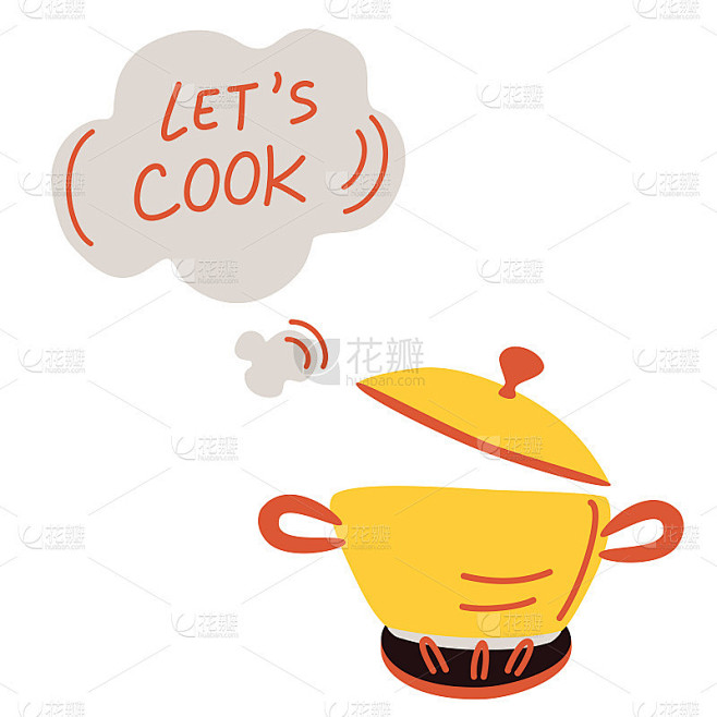 煮着食物的锅。铭文让厨师。卡通煮锅，燃气炉上煮汤。煮锅用烟熏，炖锅独立备料。手绘矢量插图。