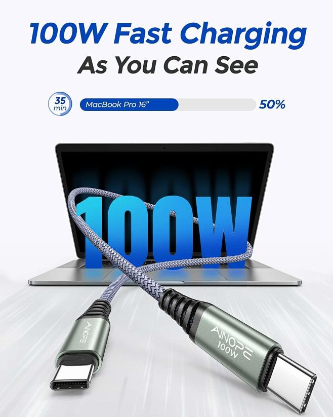 100W/5A USB C to USB C Cable 10FT Super Fast Charging AINOPE Type C to Type C Cable Compatible ...