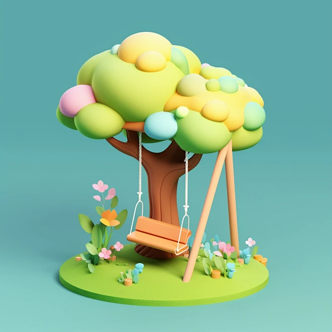 Dribbble style, 3D art, cute little tree, swing, simple geometry ...