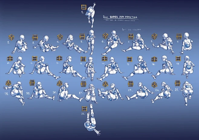 #绘画参考# nsio 同坐姿 26个角度的绘制练习（中间大图3023x2137像素，请【查看大图-查看原图】） -花瓣网