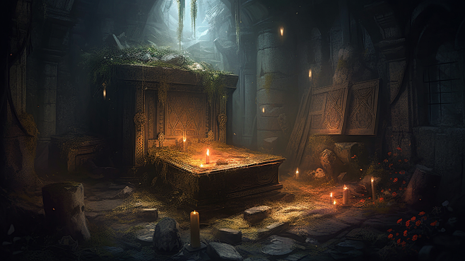 A_dark_damp_tomb_Stacked_with_treasure_boxes_gold_silver_a_e1b8bc56 ...