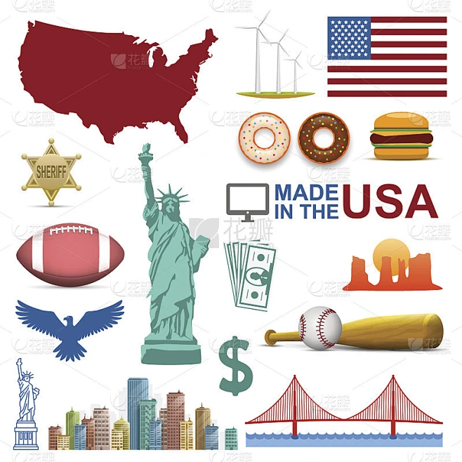 收集美国图标，美国标志，矢量插图素材-花瓣网