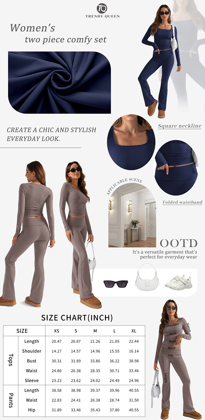 Trendy Queen 女式两件套休闲套装 2 件秋季服装长袖方领上衣喇叭裤运动服