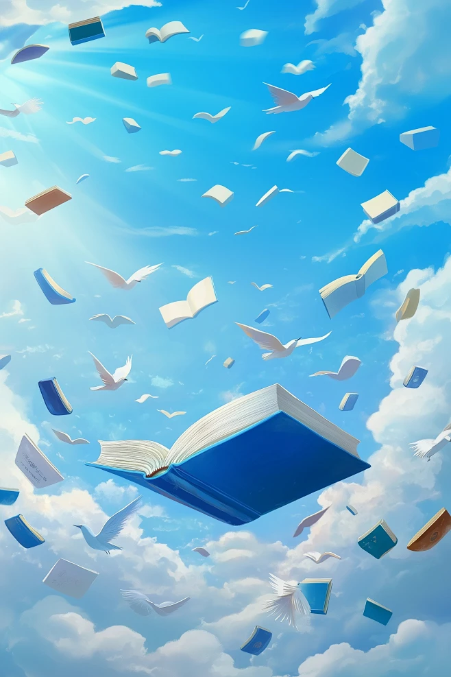 A large blue and white book floats in the sky, surrounded by flying ...