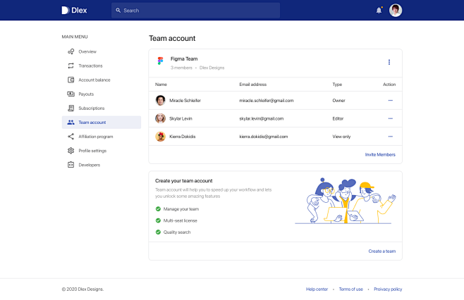 Team account - Team list