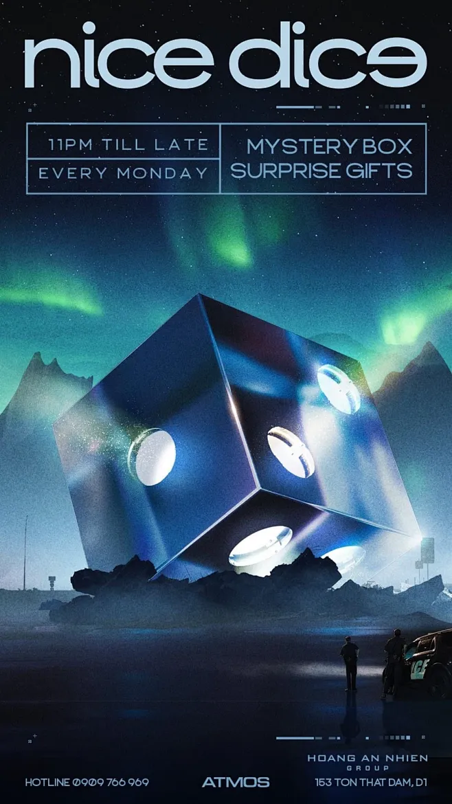 This may contain: the poster for nice dice is shown in front of an image of a man standing next ...