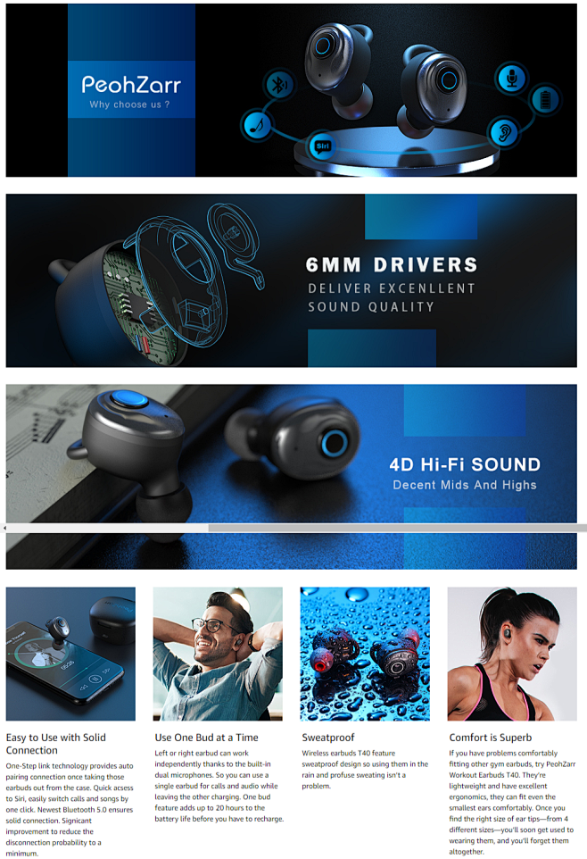 Amazon.com: PeohZarr Wireless Earbuds Bluetooth Earbuds with Newest 4D ...