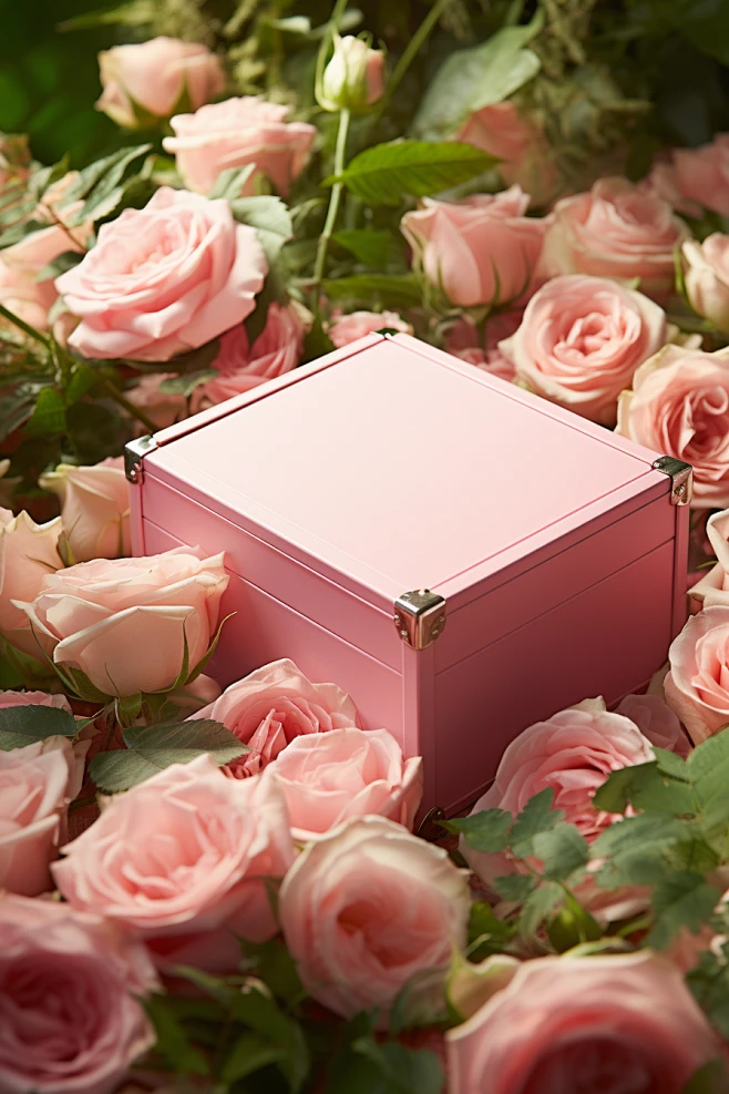 a pink box surrounded by fresh roses and green leaves, in the style of ...