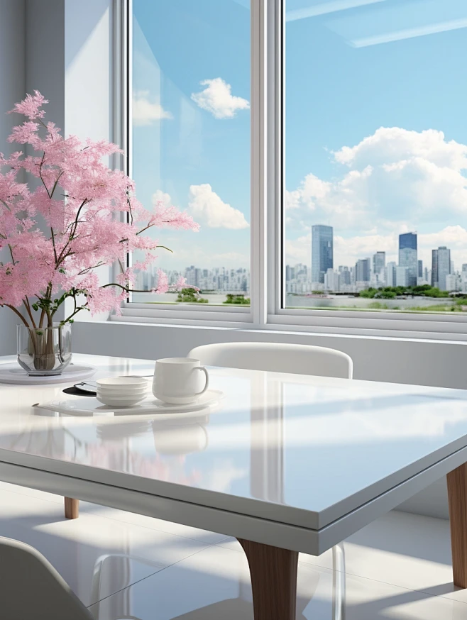 Empty white table in an office next to a window, in the style of ...