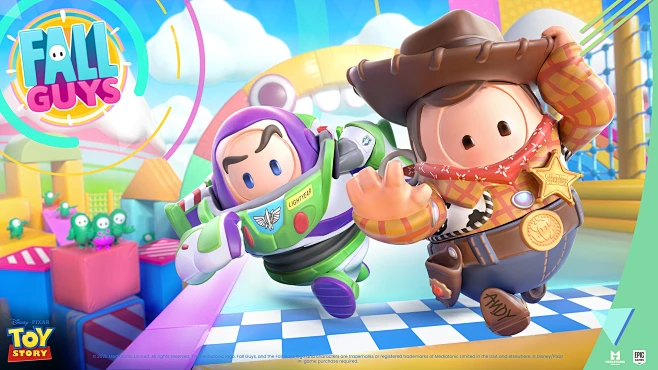 Two Fall Guys dressed in the Buzz Lightyear and Woody costumes appear ...