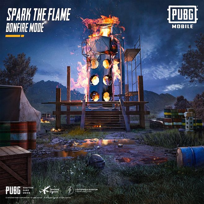 图片中可能有：上面的文字是“SPARK THE FLAME BONFIRE MODE PUBG MOBILE PUBG KRAFTON GN