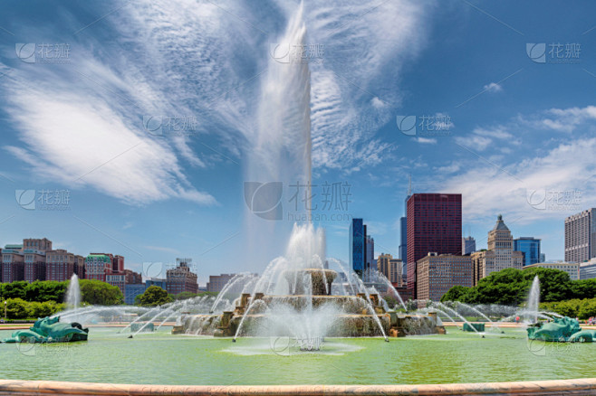 芝加哥格兰特公园,白金汉大喷泉,芝加哥市,伊利诺斯州,全景,摩天大楼,图像,现代,美国,著名景点
