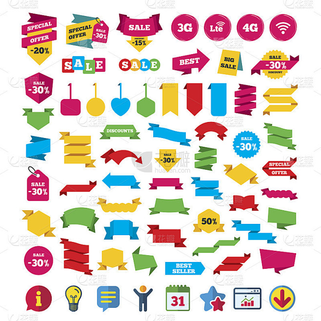 移动电信图标。3G, 4G和LTE。