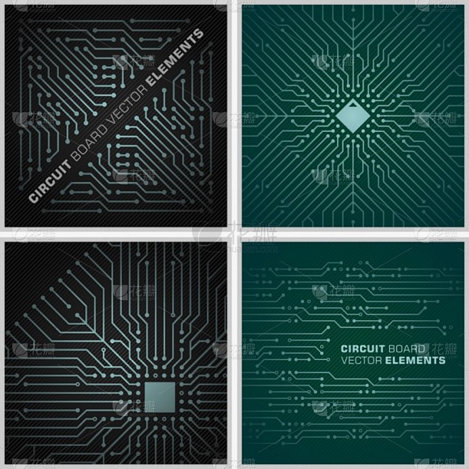 微芯片纹理 / 电路板矢量花纹瓷砖装饰黑色和绿色