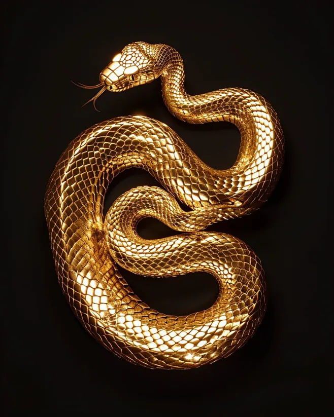 This may contain: a golden snake on a black background-花瓣网