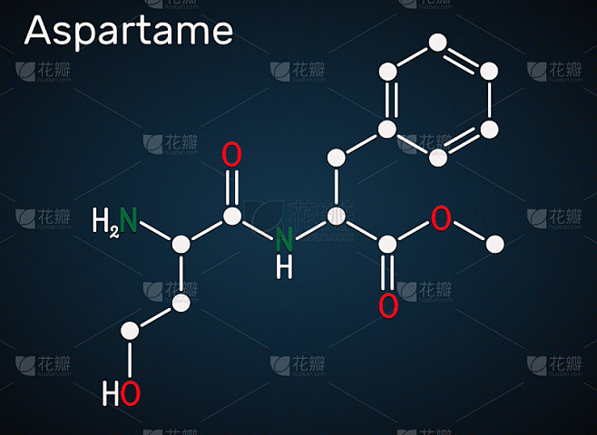 阿斯巴甜、APM分子。代糖和E951。深蓝色背景上的结构化学式