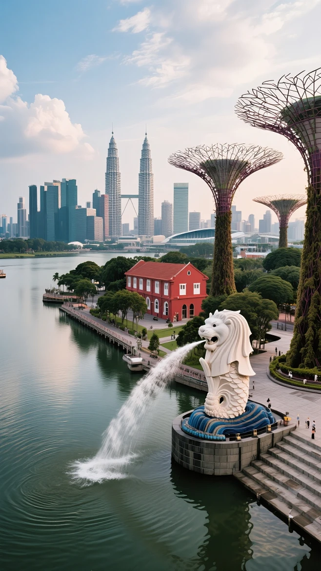 jimeng-2025-05-06-86-新加坡鱼尾狮与滨海湾花园超级树群标志性建筑全景，荷兰红屋与吉隆坡城市天际线融合，8K超高清细节呈现 ...