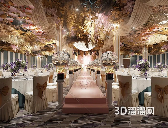 简欧 宴会厅 花海酒店宴会厅3D模型-花瓣网