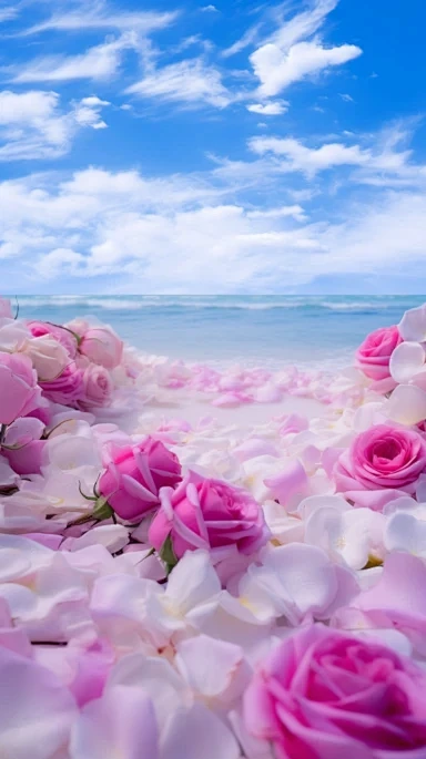 Blue ocean, blue sky, white sand beach of Maldives, pink roses of ...