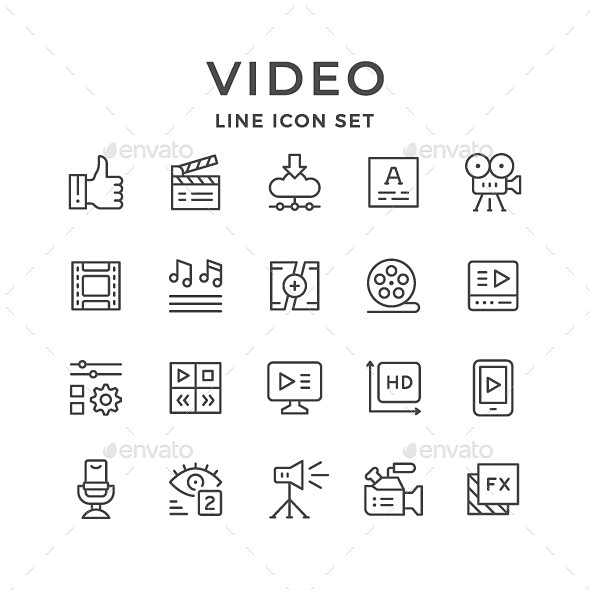设置行视频——人造物体对象的图标Set Line Icons of Video - Man-made objects Objects相机,电影 ...