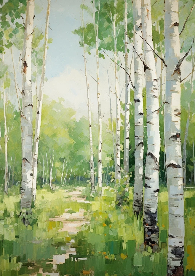 Birch grove bathed in muted light, channeling the brushwork of the post ...