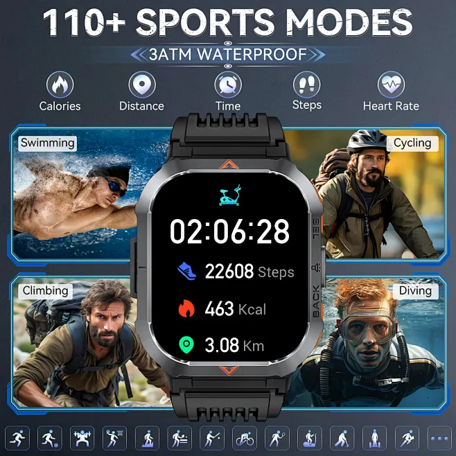 Amazon.com: Military Smart Watch for Men with Call LED Flashlight 3ATM ...