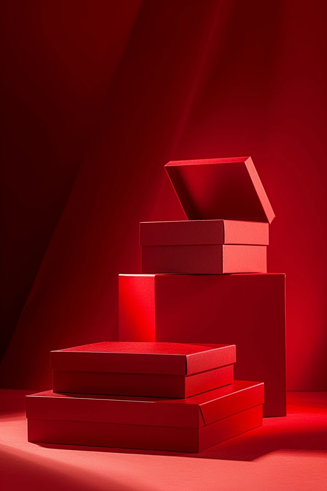three open red gift boxes on a table on a red background, in the style ...