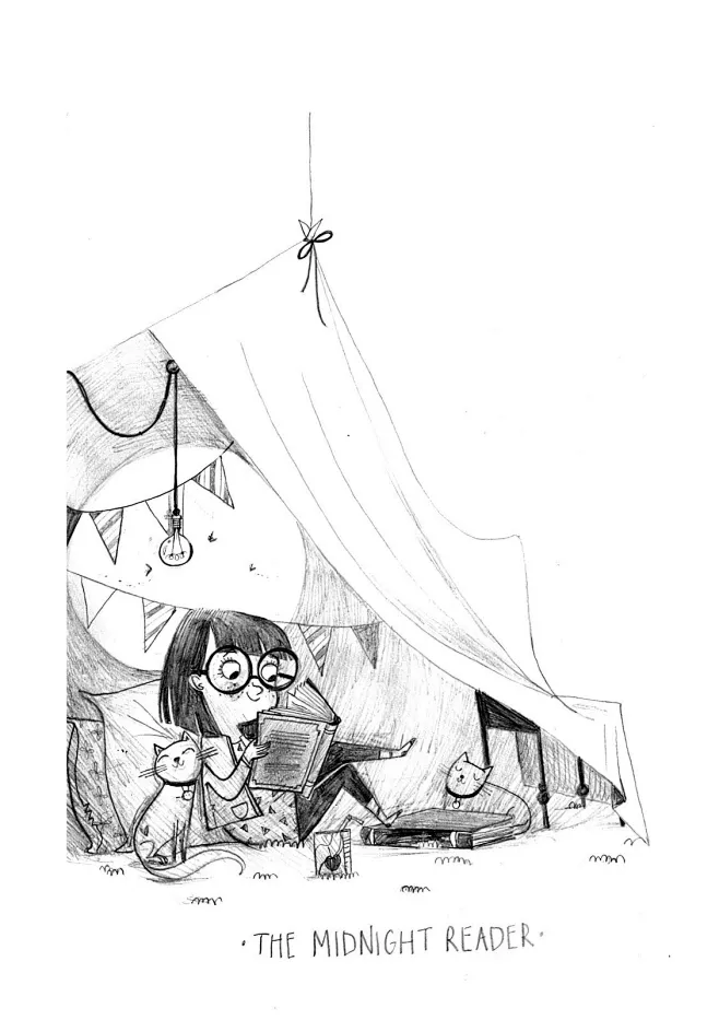 This may contain: a drawing of a woman reading in front of a tent with the words, the midnight ...