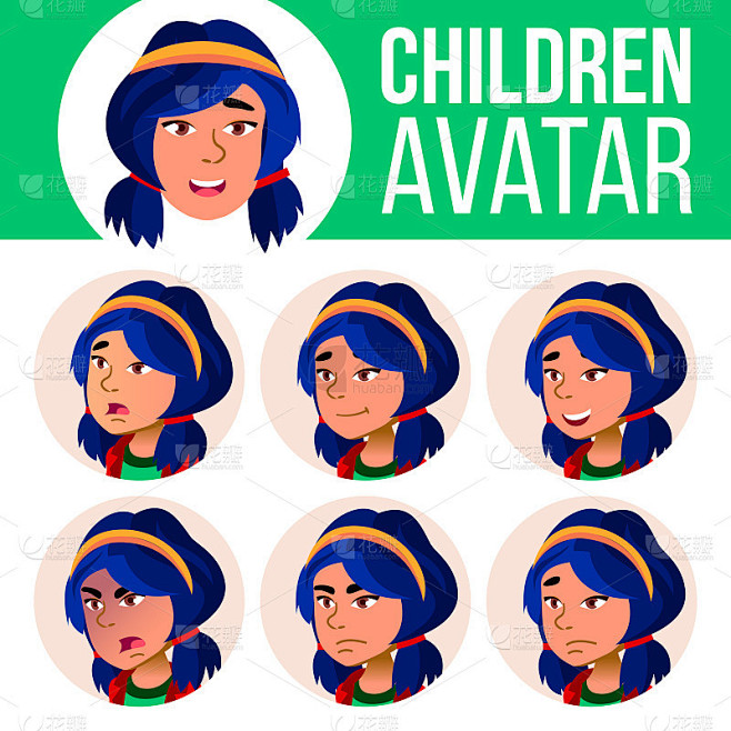 Asian Girl Avatar Set Kid Vector. Face Emotions. C