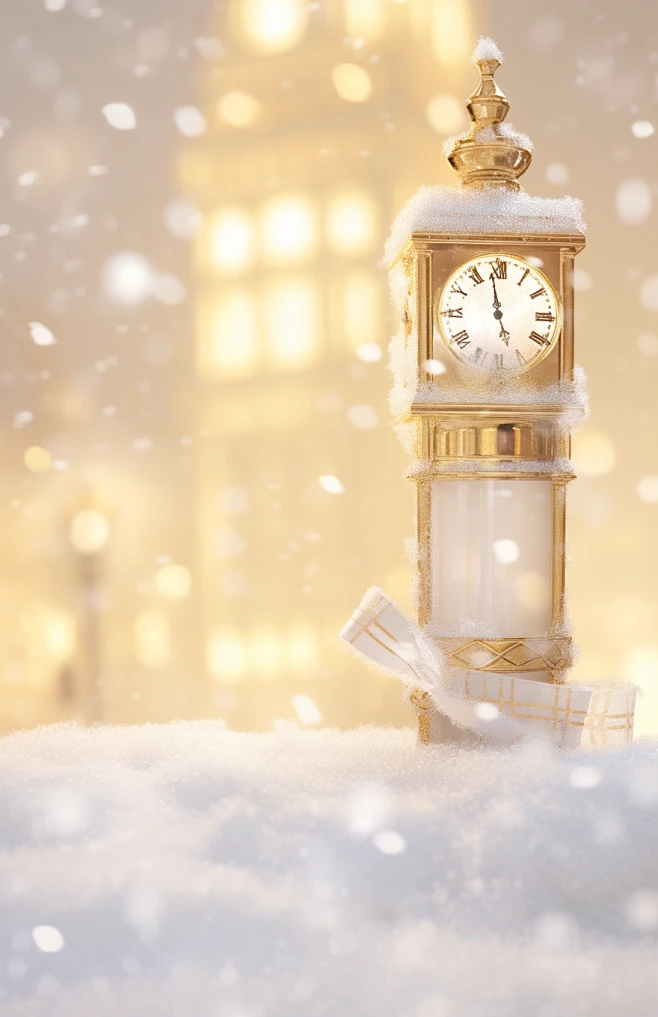a mini clock tower in the snow with gold ribbons, in the style of bokeh ...