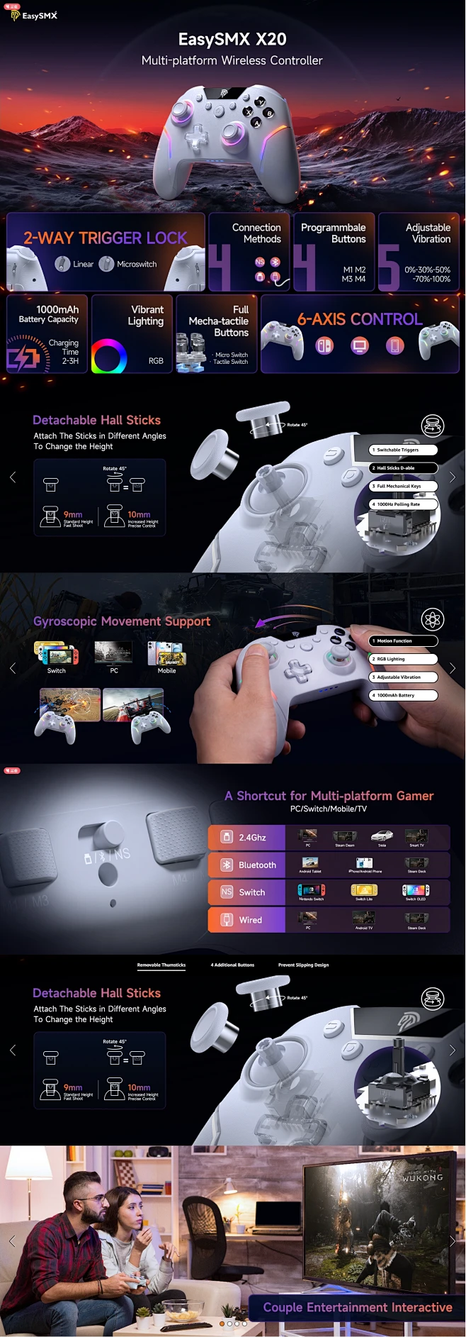 Amazon.com: EasySMX X20 Wireless Gaming Controller with RGB Backlit, 2-Stage Hall Effect Stick ...