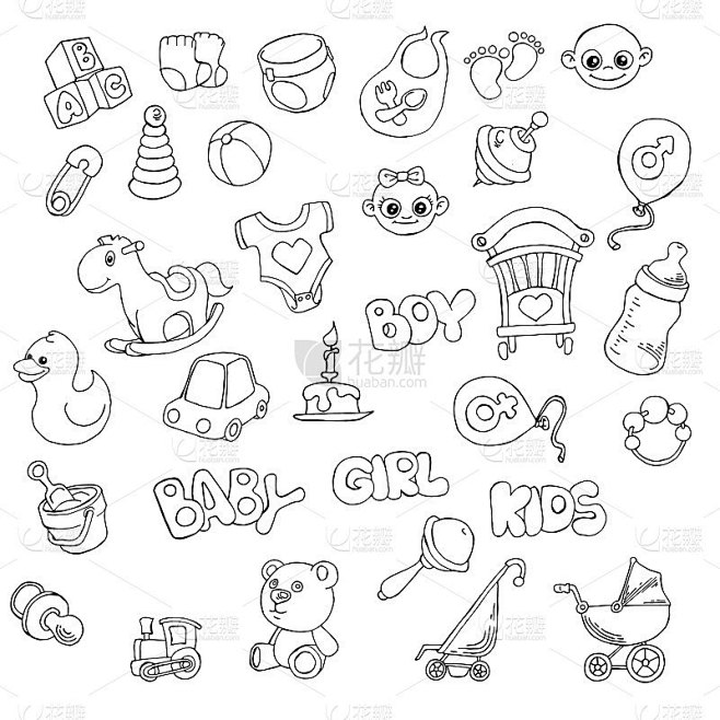 Vector hand drawn set of Newborn Baby Care cartoon