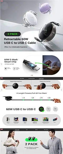 Amazon.com: LISEN Retractable USB C Cable【60W/2Pack】 Travel Essentials ...