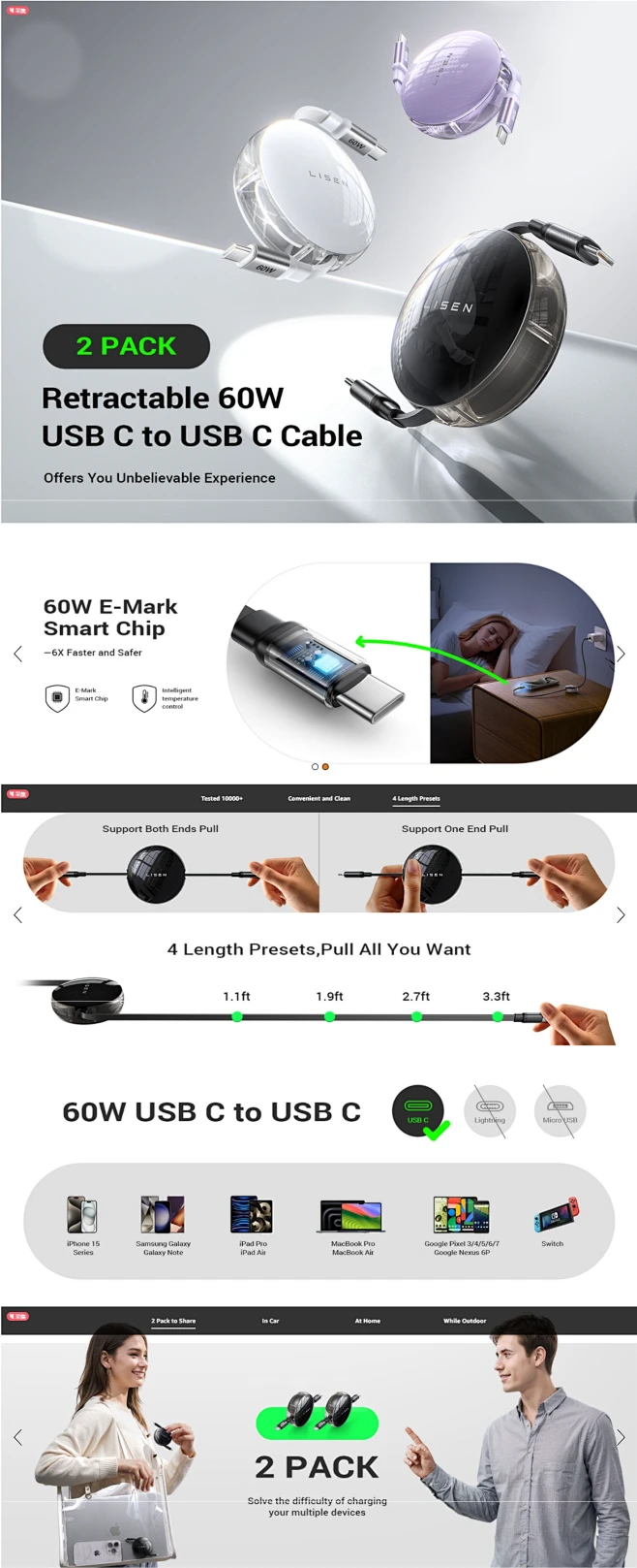 Amazon.com: LISEN Retractable USB C Cable【60W/2Pack】 Travel Essentials ...