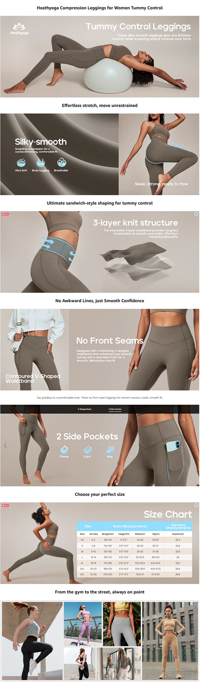 Heathyoga Compression Leggings for Women Tummy Control No Front Seam ...